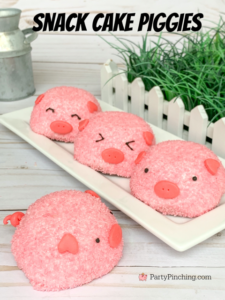 snack cake pigs, piggy snack cakes, piggy pig hostess snoballs farm party