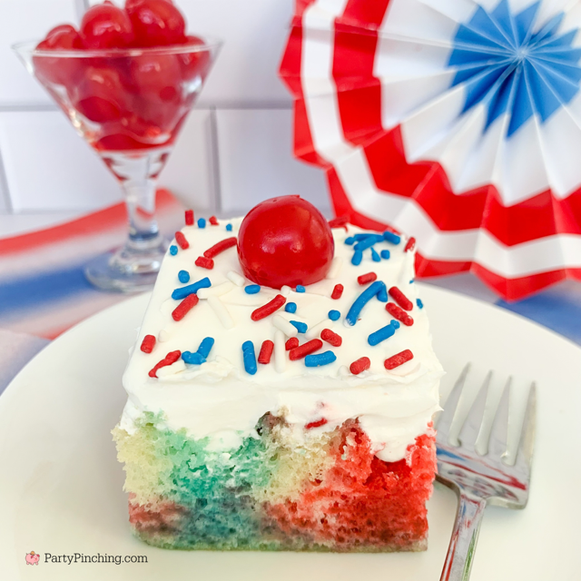 Easy Patriotic Poke Cake recipe, Red white blue dessert 4th of July